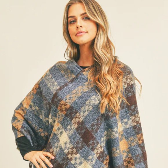 Accessories | Pixel Check Pattern Poncho With Fringes | Poshmark